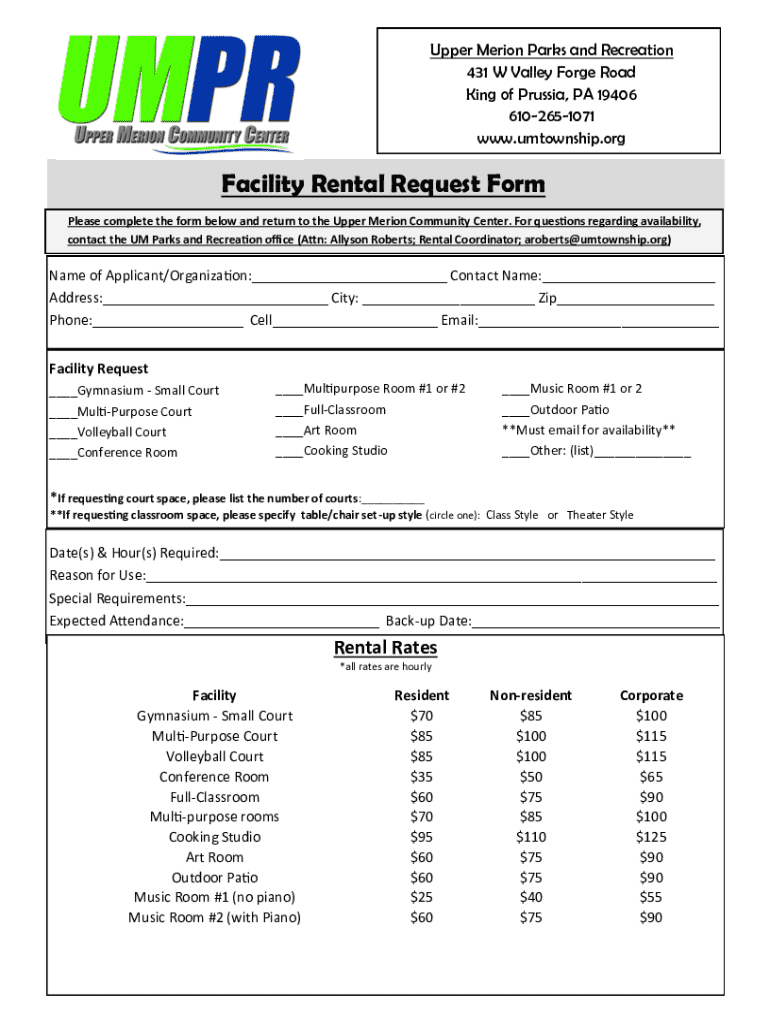 Fillable Online Upper Merion Parks and Recreation Facility Rental Fax Email Print - pdfFiller