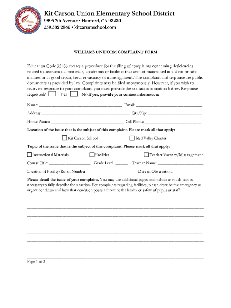 Fillable Online Williams Uniform Complaint Form Fax Email Print - pdfFiller