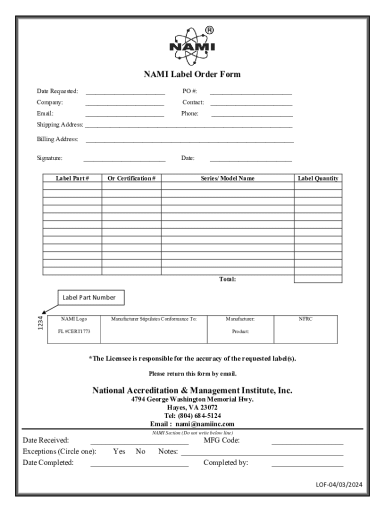 Fillable Online Nami Label Order Form Fax Email Print - pdfFiller