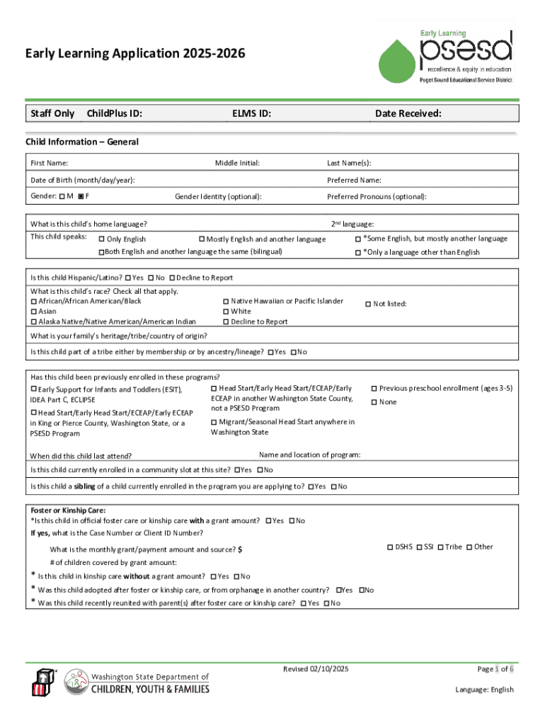 Fillable Online Early Learning Application 2025-2026 Fax Email Print - pdfFiller