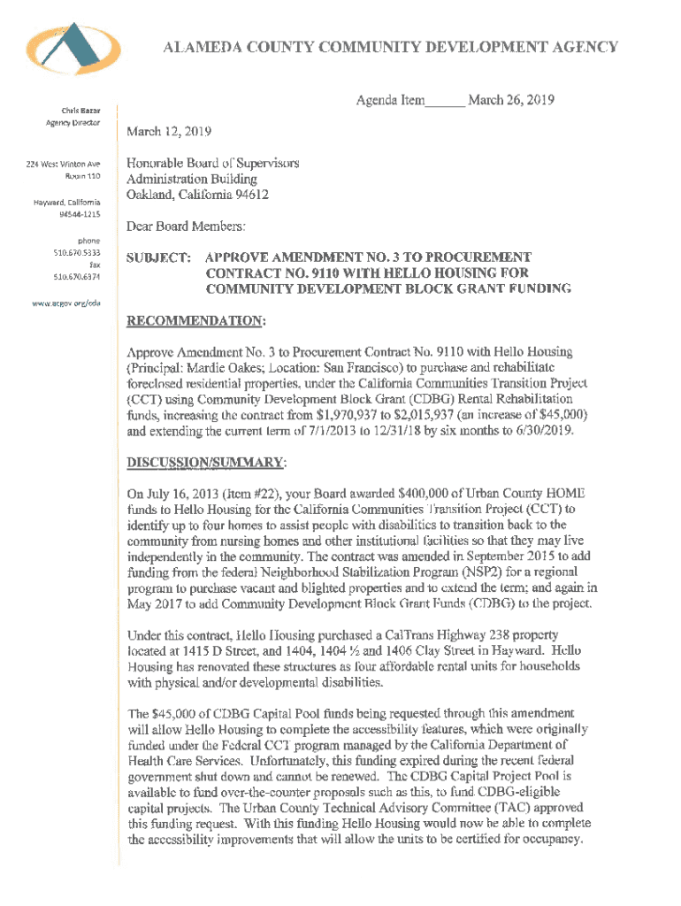 Fillable Online Third Amendment to Agreement Between Hello Housing, Inc. and the County of ...
