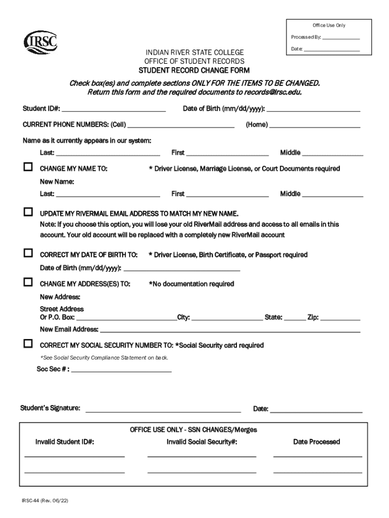 Fillable Online Indian River State College - Student Record Change Form ...