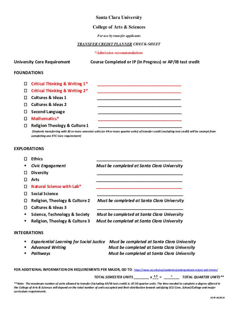 Fillable Online Transfer Credit Planner Check-sheet for Santa Clara ...