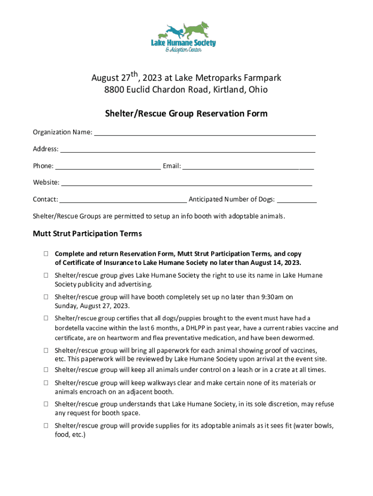 Fillable Online Shelter/rescue Group Reservation Form for Mutt Strut Fax Email Print - pdfFiller