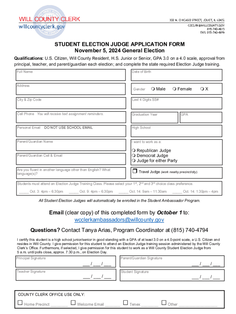 Fillable Online Student Election Judge Application for November 5, 2024 General Election Fax ...