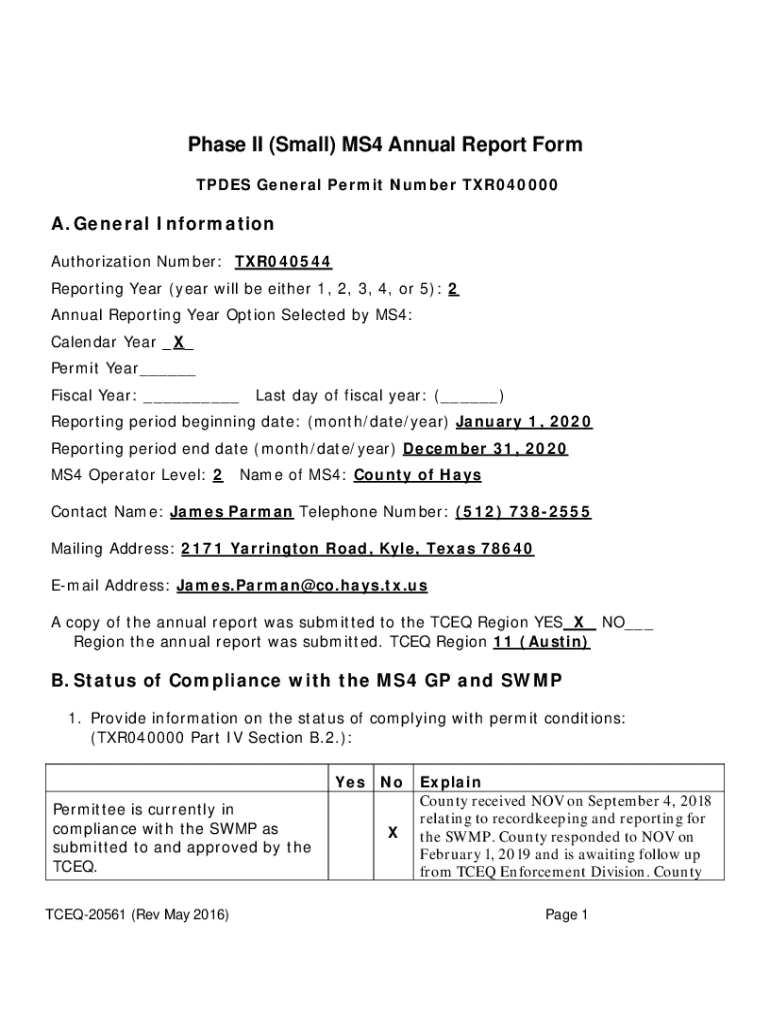 Fillable Online Ms4 Annual Report for County of Hays Fax Email Print ...