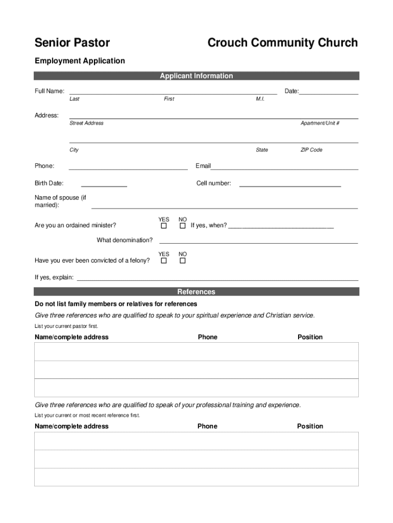 Fillable Online Crouch Community Church Employment Application Fax ...