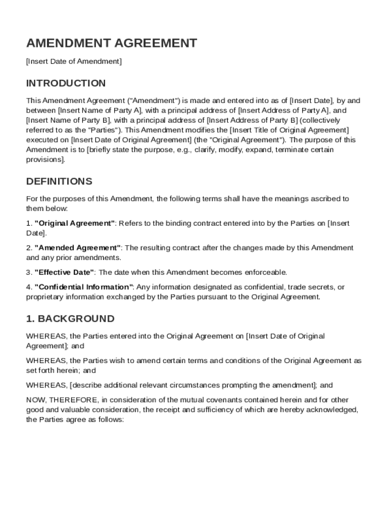 Amendment Agreement Template Form - Fill Online, Printable, Fillable, Blank - pdfFiller