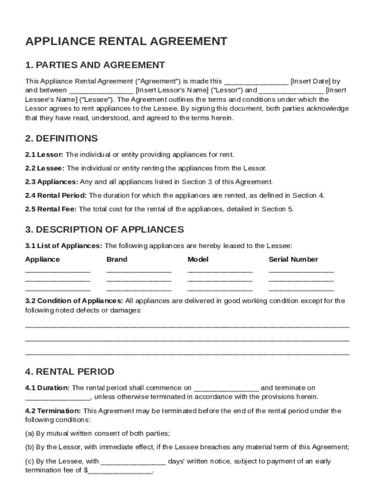 Appliance Rental Agreement Template Form - Fill Online, Printable ...