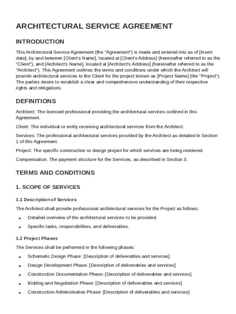 Architectural Service Agreement Template Form - Fill Online, Printable, Fillable, Blank - pdfFiller