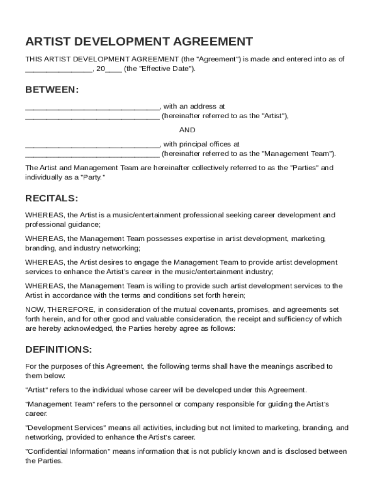 Artist Development Agreement Template Form - Fill Online, Printable, Fillable, Blank - pdfFiller