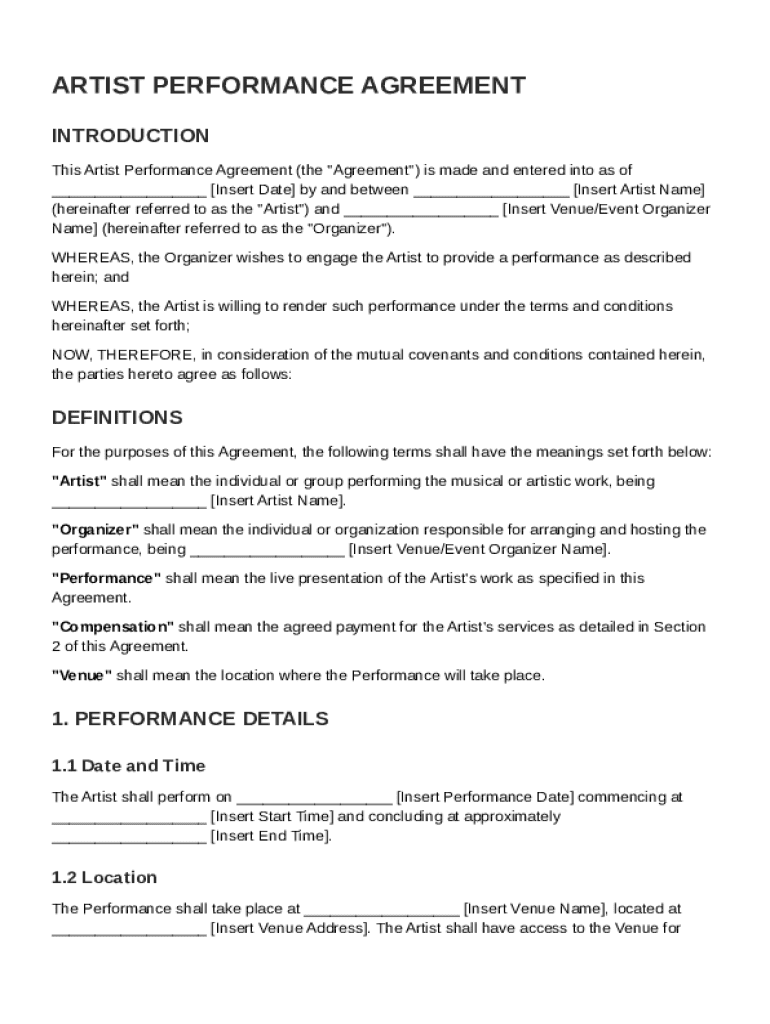 Artist Perance Agreement Template Form - Fill Online, Printable, Fillable, Blank - pdfFiller