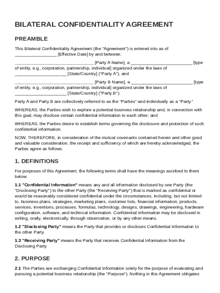 Bilateral Confidentiality Agreement Template: Fill out & sign online ...