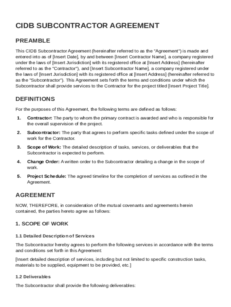 CIDB Subcontractor Agreement Template: Fill out & sign online | DocHub