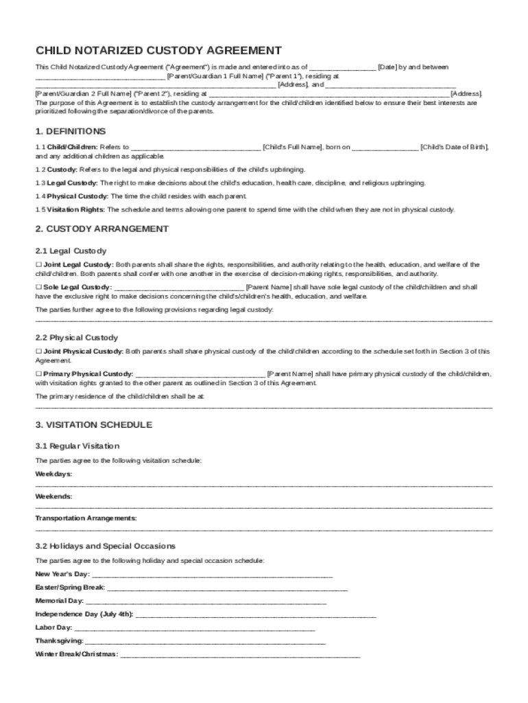 Child Notarized Custody Agreement Template Form - Fill Online ...