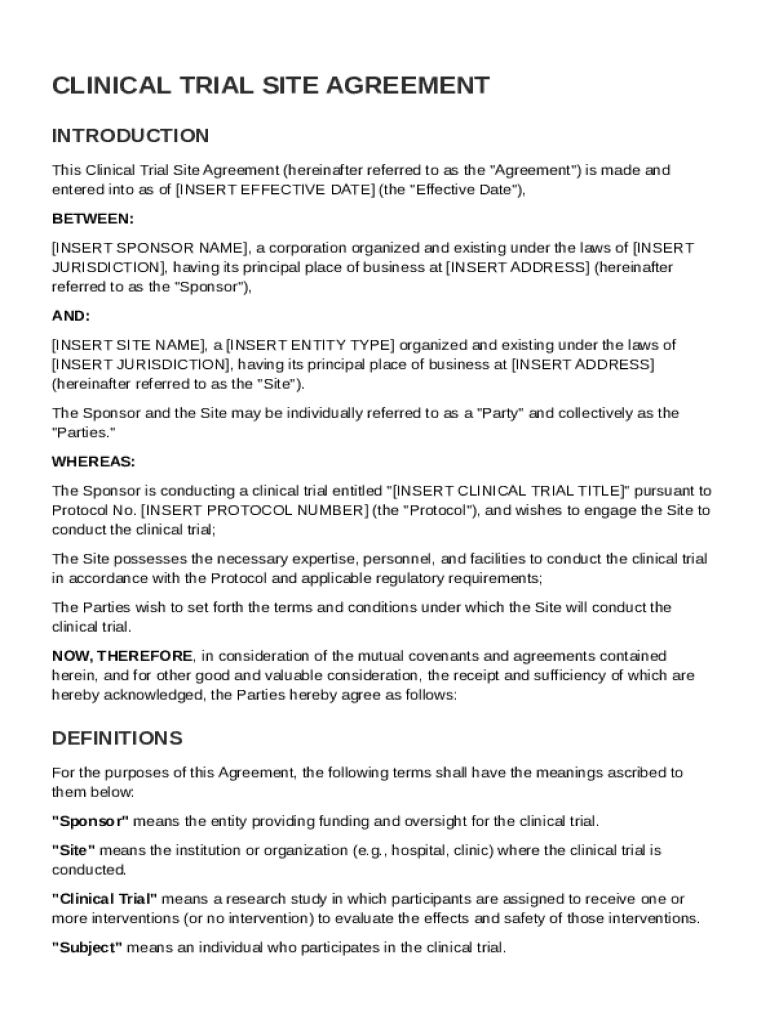 Clinical Trial Site Agreement Template Form - Fill Online, Printable, Fillable, Blank - pdfFiller