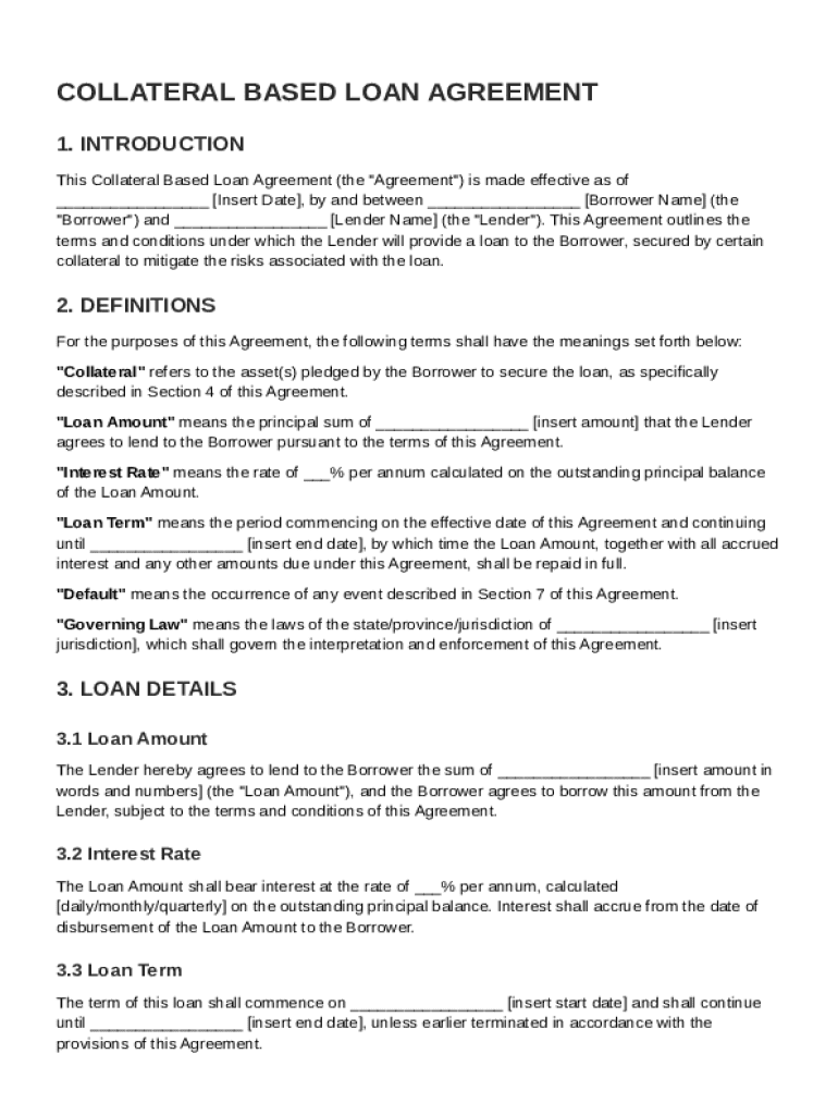 Collateral Based Loan Agreement Template Form - Fill Online, Printable ...