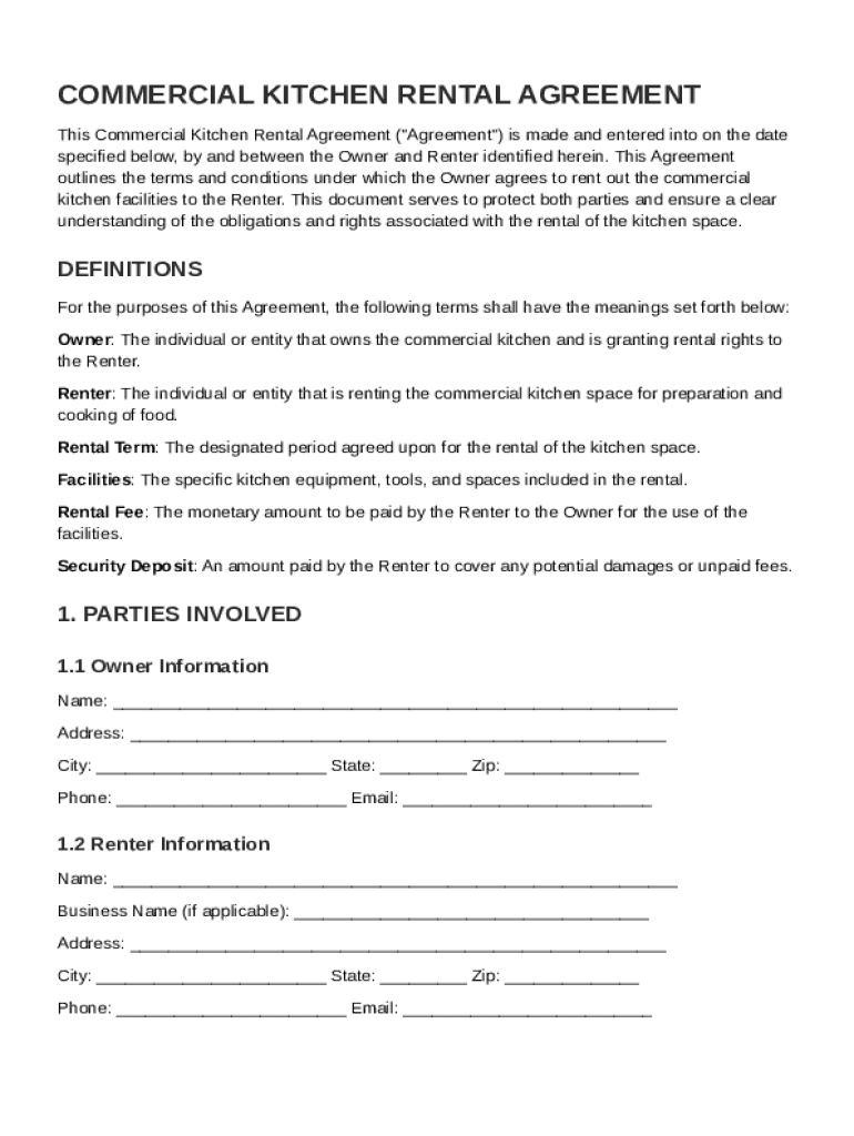 Fillable Online Commercial Kitchen Rental Agreement Template Fax Email ...