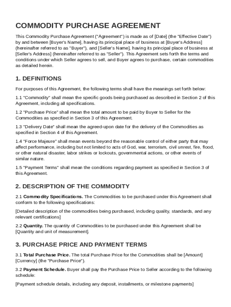 Commodity Purchase Agreement Template Form - Fill Online, Printable ...