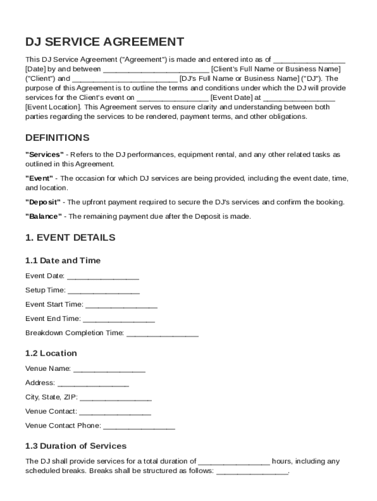 DJ Service Agreement Template Form - Fill Online, Printable, Fillable ...