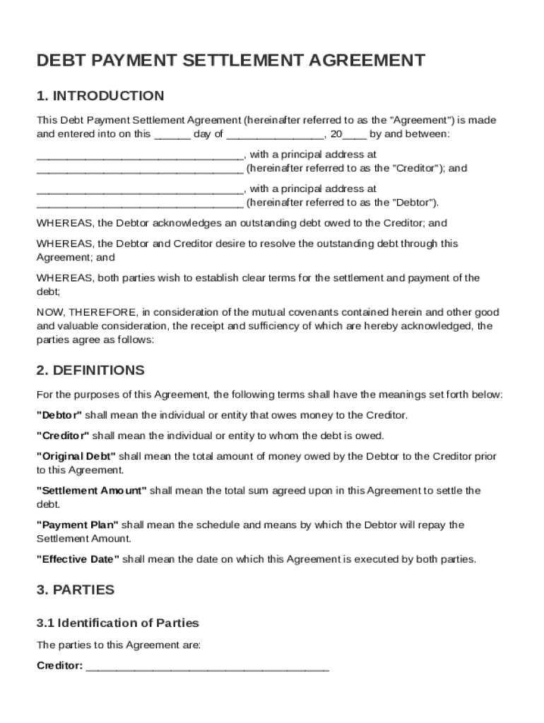 Debt Paymentsettlement Agreement Template Form - Fill Online, Printable, Fillable, Blank - pdfFiller