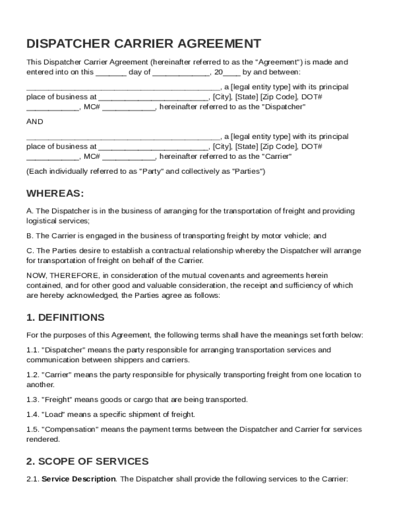 Dispatcher Carrier Agreement Template Form - Fill Online, Printable ...