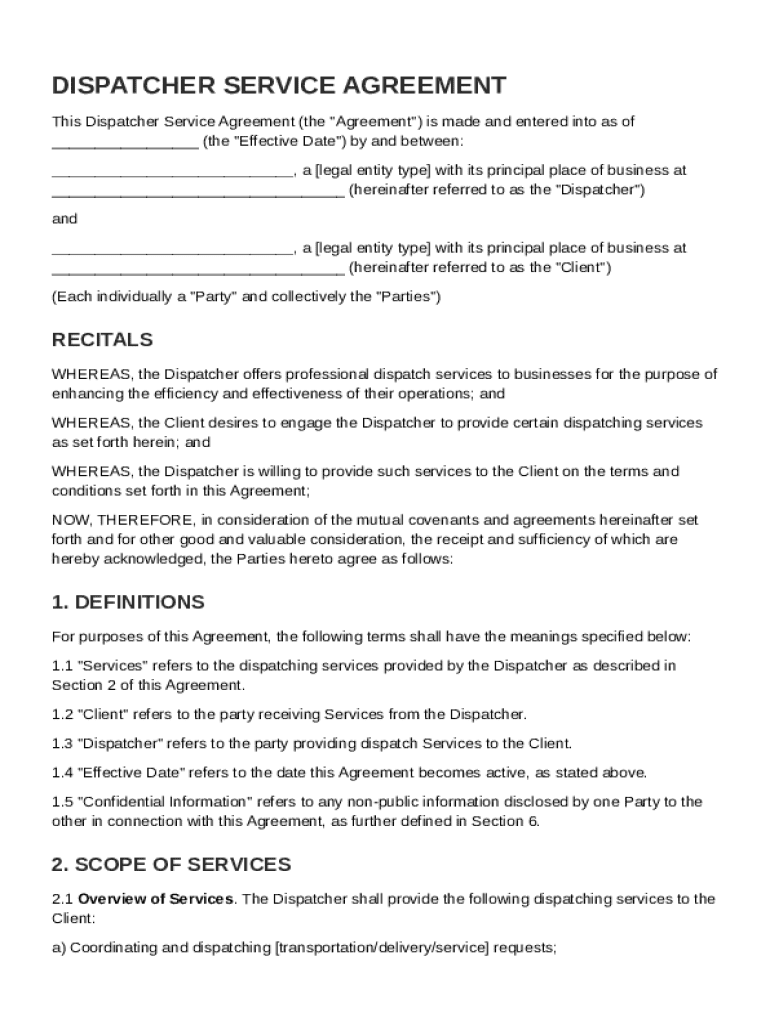 Dispatcher Service Agreement Template Form - Fill Online, Printable ...