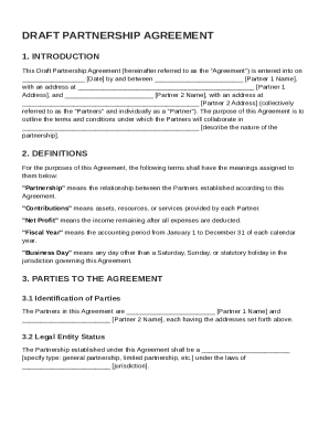 Draft Partnership Agreement Template Form - Fill Online, Printable, Fillable, Blank - pdfFiller