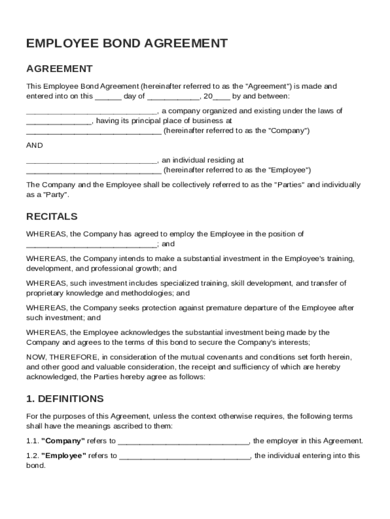 Employee Bond Agreement Template Form - Fill Online, Printable ...