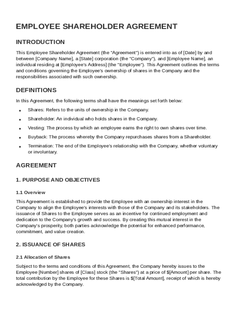 Employee Shareholder Agreement Template: Fill out & sign online | DocHub