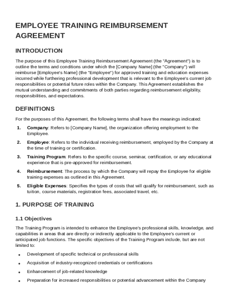 Employee Training Reimbursement Agreement Template: Fill out & sign ...