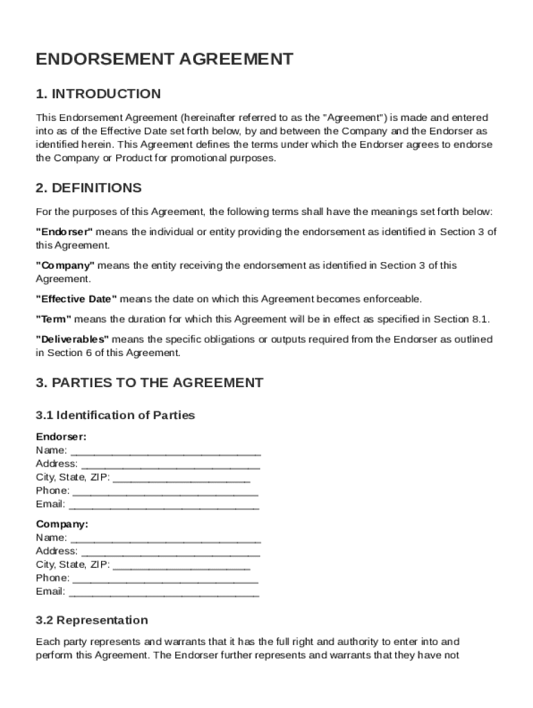 Endorsement Agreement Template: Fill out & sign online | DocHub