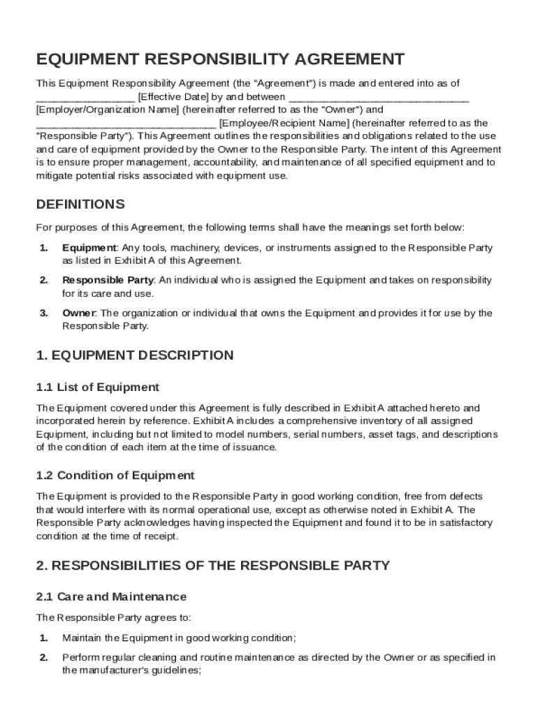 Fillable Online Equipment Responsibility Agreement Template Fax Email Print - pdfFiller