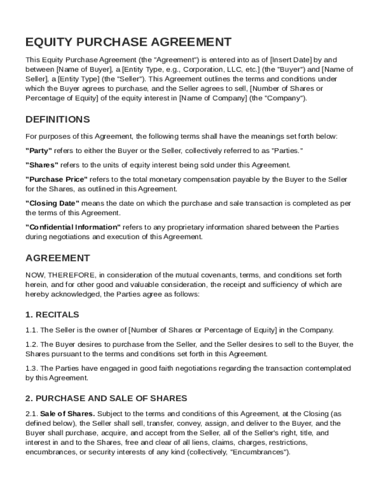 Fillable Online Equity Purchase Agreement Template Fax Email Print ...
