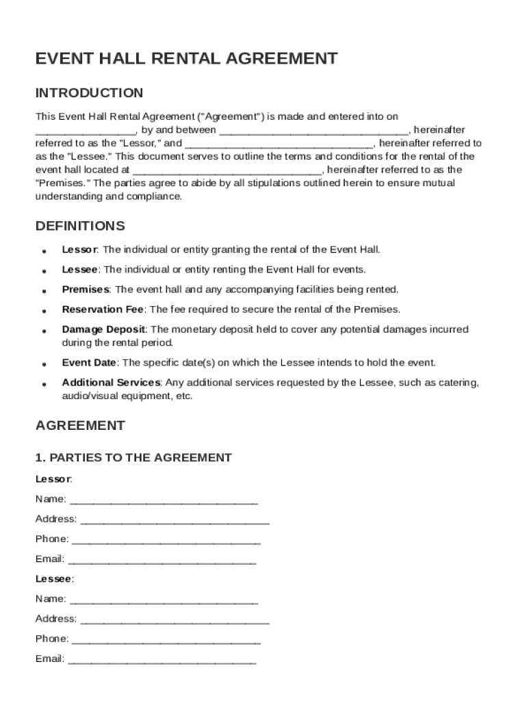 Event Hall Rental Agreement Template Form - Fill Online, Printable ...