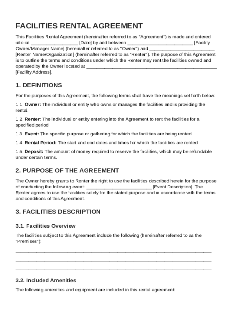 Facilities Rental Agreement Template Form - Fill Online, Printable ...