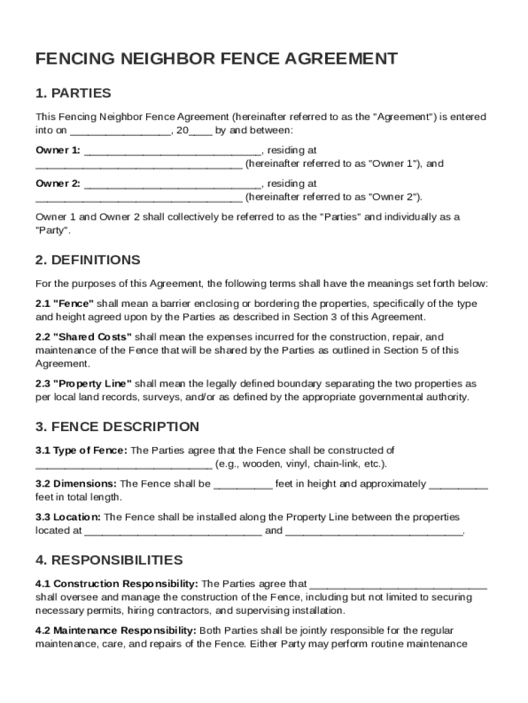 Fencing Neighbor Fence Agreement Template Form - Fill Online, Printable ...