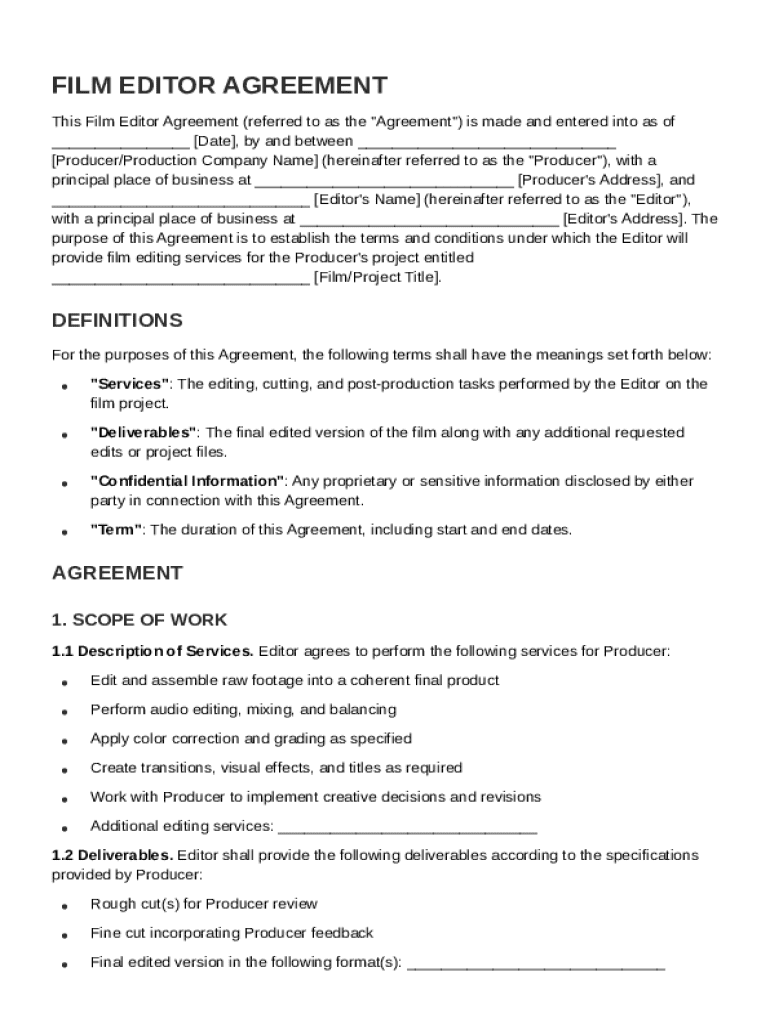 Film Editor Agreement Template Form - Fill Online, Printable, Fillable ...