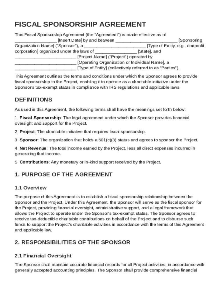 Fiscal Sponsorship Agreement Template: Fill out & sign online | DocHub