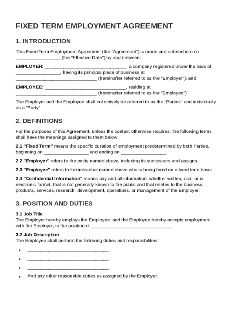 Fixed Term Employment Agreement Template Form - Fill Online, Printable ...