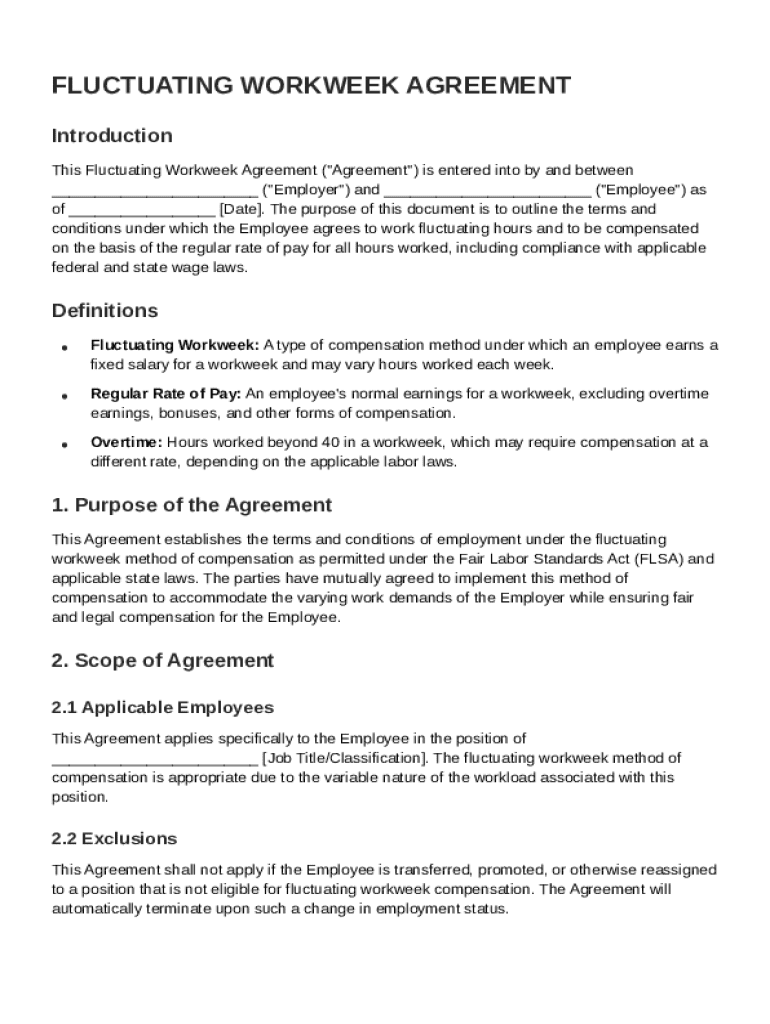 Fluctuating Workweek Agreement Template Form - Fill Online, Printable ...