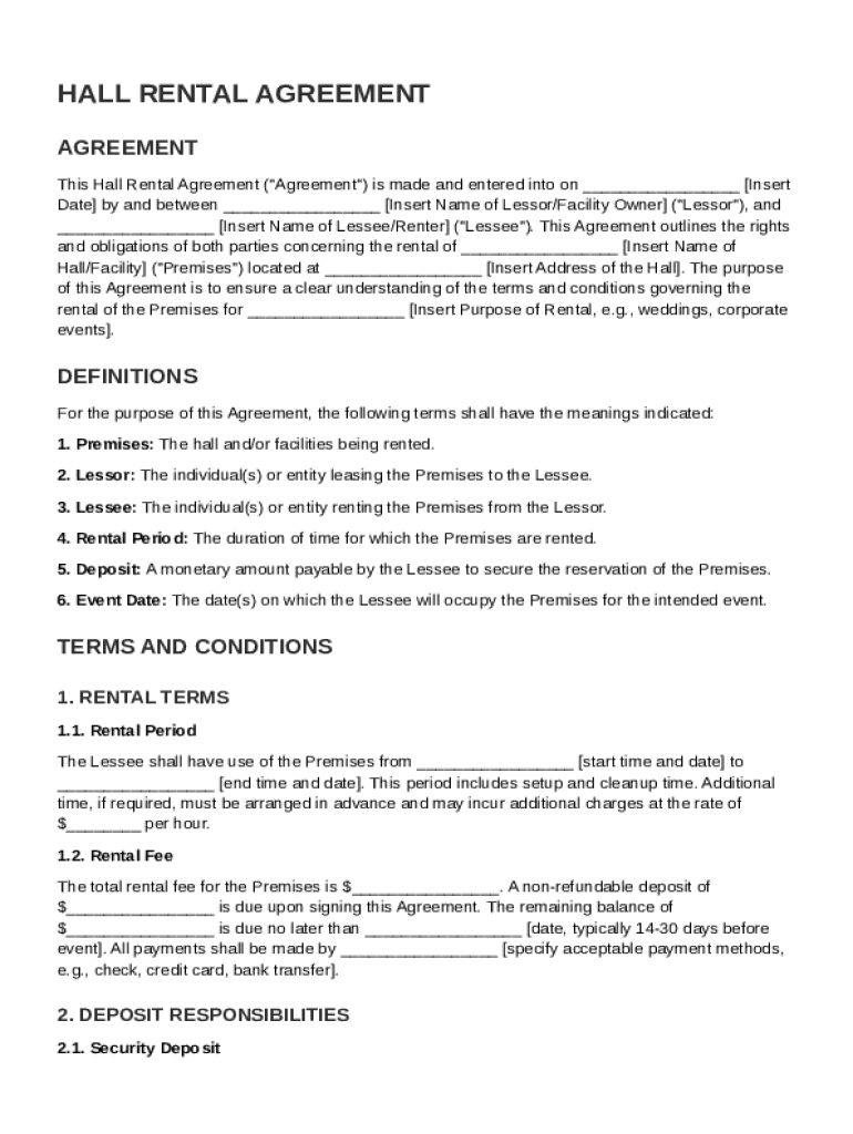Hall Rental Agreement Template Form - Fill Online, Printable, Fillable ...