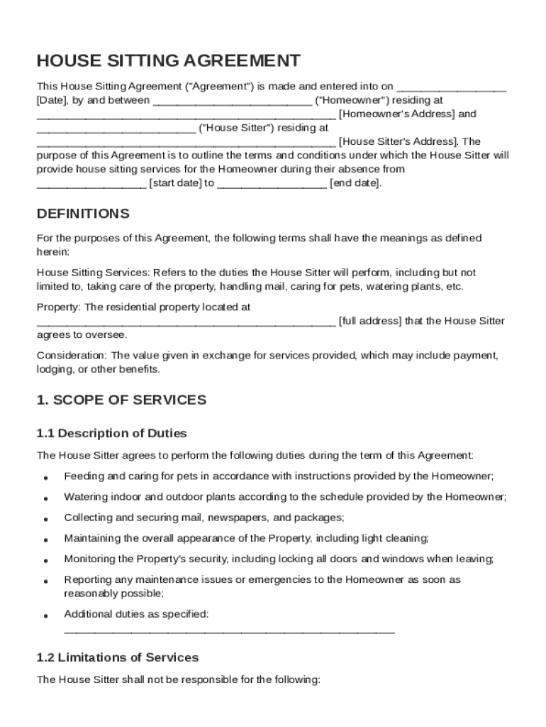 Fillable Online House Sitting Agreement Template Fax Email Print - pdfFiller