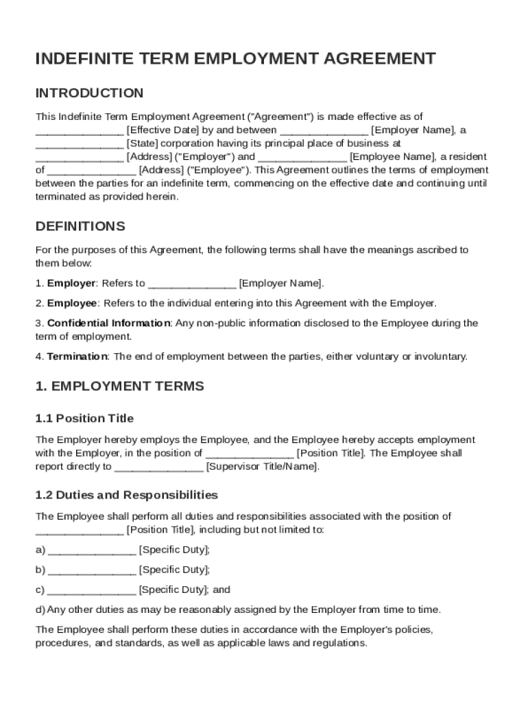 Indefinite Term Employment Agreement Template: Fill out & sign online ...
