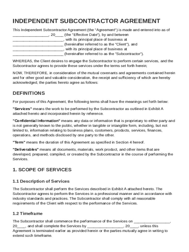 Independent Subcontractor Agreement Template Form - Fill Online, Printable, Fillable, Blank ...