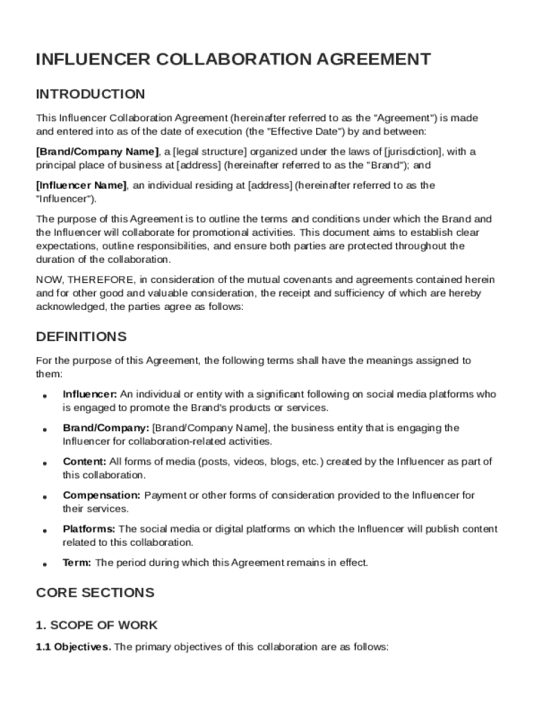 Influencer Collaboration Agreement Template Form - Fill Online, Printable, Fillable, Blank ...