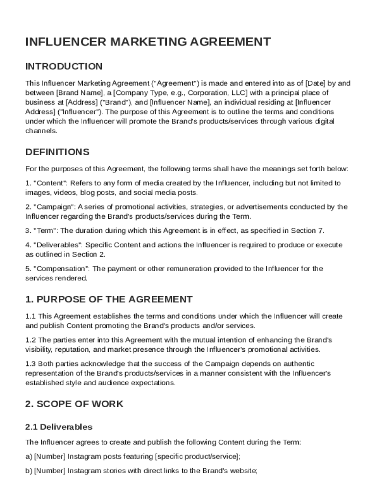 Influencer Marketing Agreement Template Form - Fill Online, Printable ...