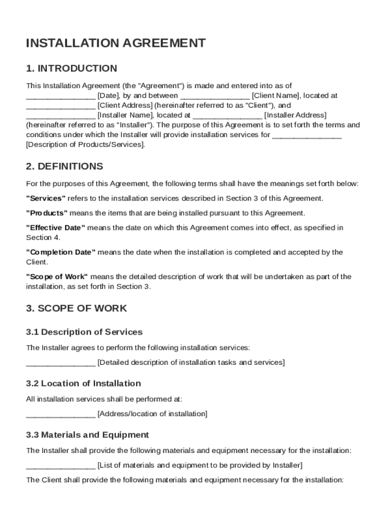 Installation Agreement Template Form - Fill Online, Printable, Fillable ...