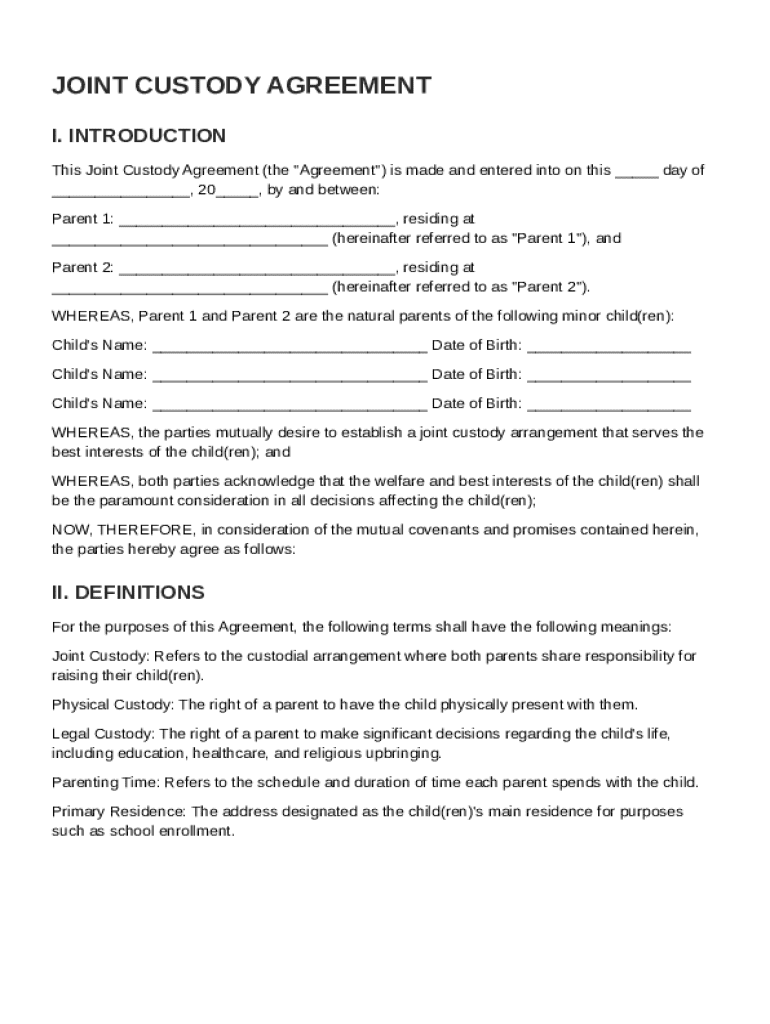 Joint Custody Agreement Template Form - Fill Online, Printable ...