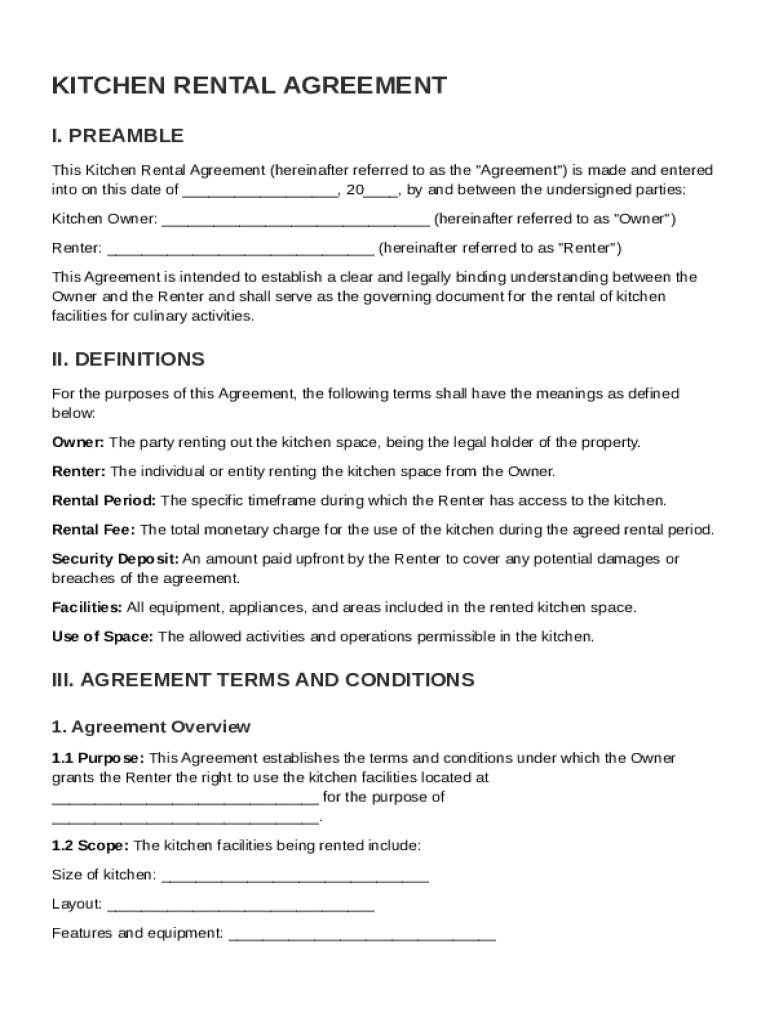 Fillable Online Kitchen Rental Agreement Template Fax Email Print ...